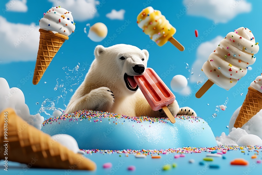 Create a whimsical scene of a polar bear eating a popsicle on a ...