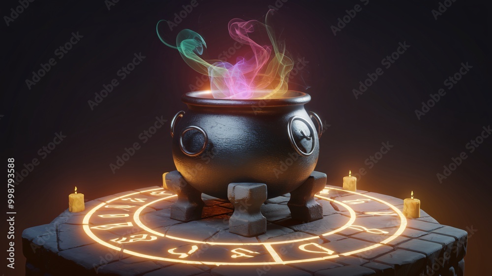 A large black cauldron emitting glowing tendrils of multicolored smoke ...