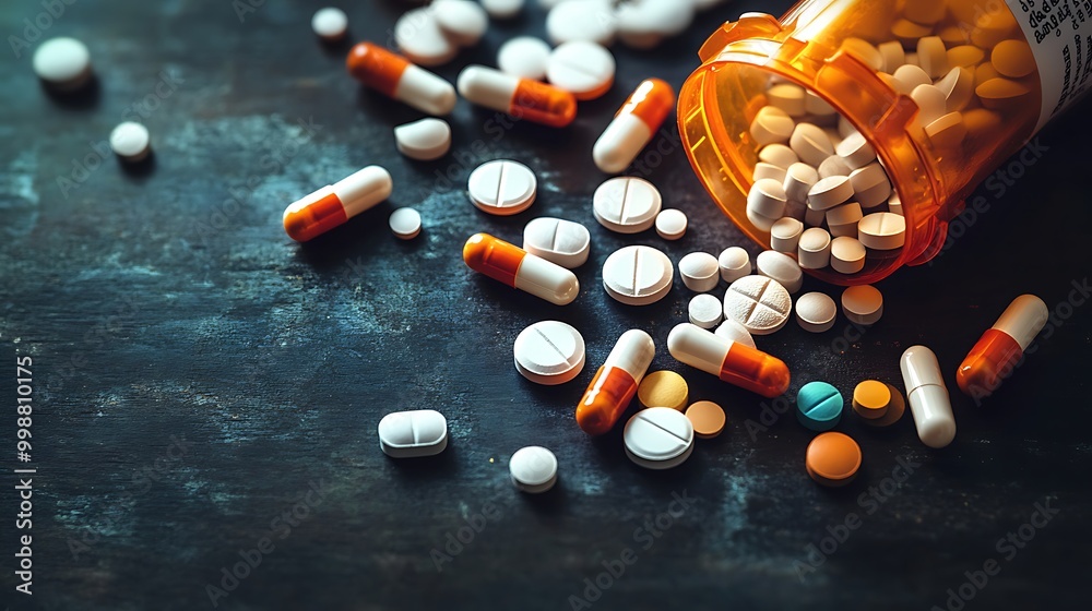 Opioid epidemic, featuring an array of prescription pills, medicine ...