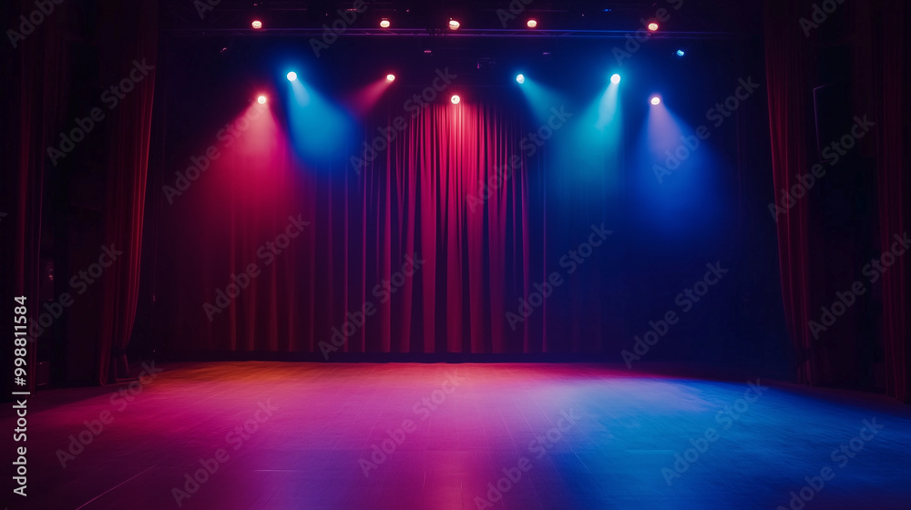Scena teatralna oświetlona przez skupiony reflektor, który oświetla ...