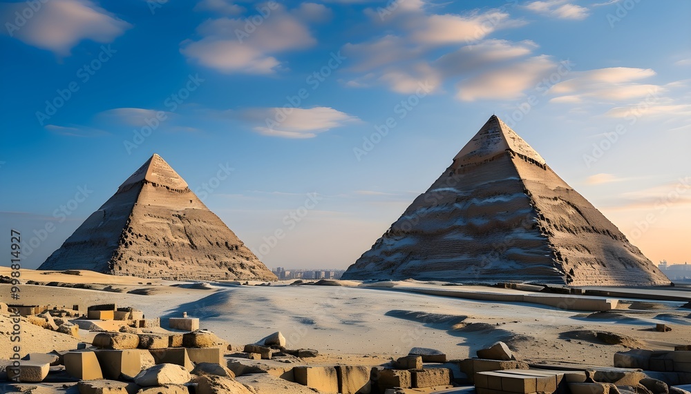 Majestic view of the iconic Giza pyramids under a bright blue sky ...
