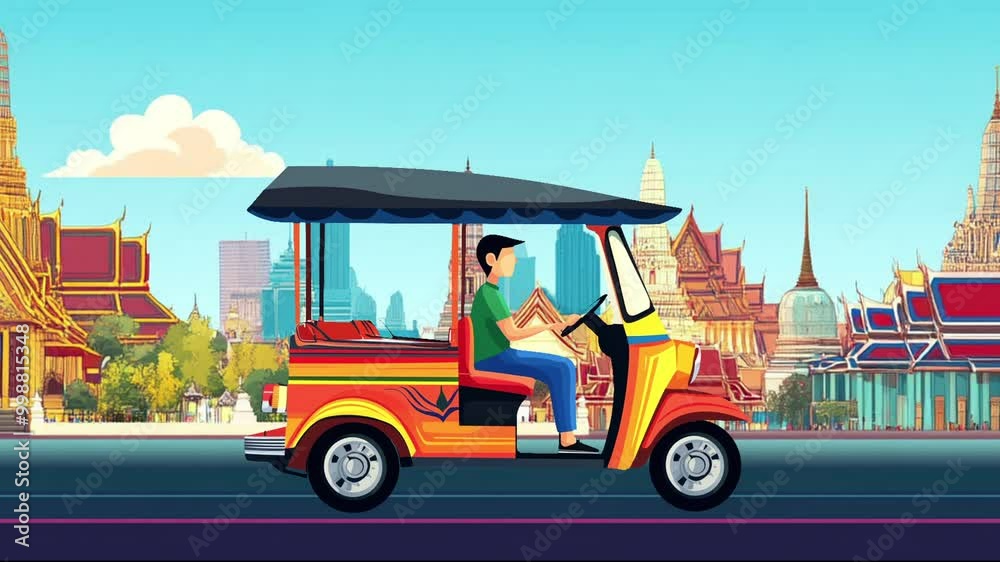 Vídeo do Stock: Vector Minimal Animation Tuk Tuk Ride Through Bangkok ...