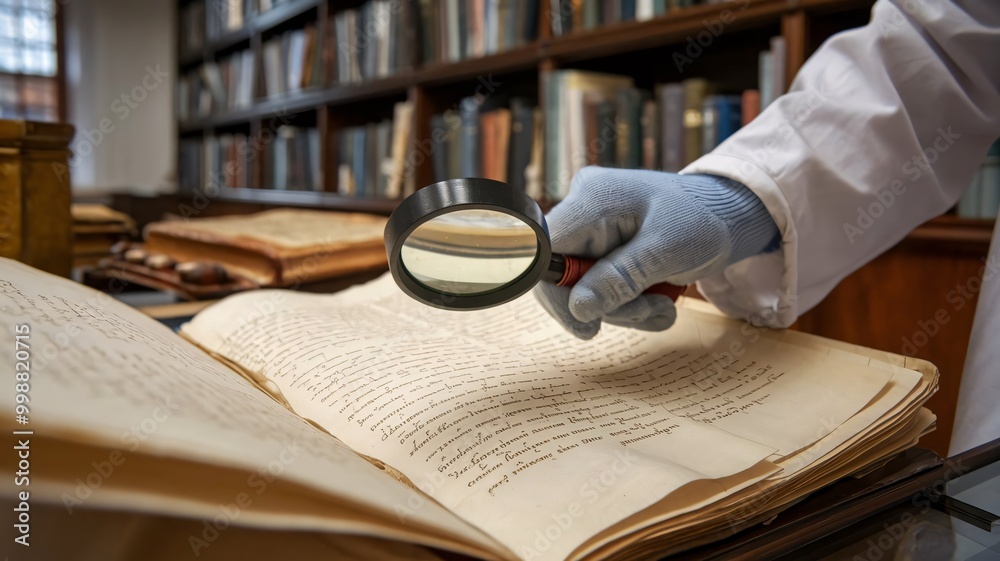A researcher’s hand examining a centuries-old manuscript with a ...