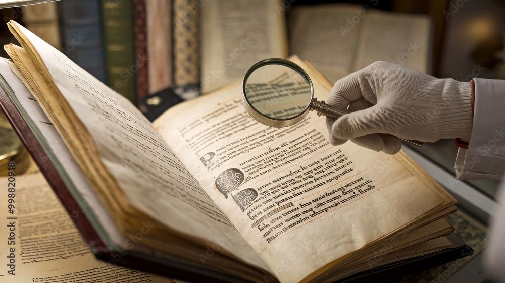 A researcher’s hand examining a centuries-old manuscript with a ...