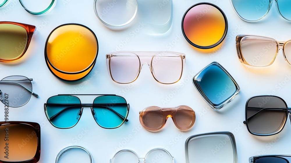 Various types of lenses, including clear and colored sunglasses lenses ...