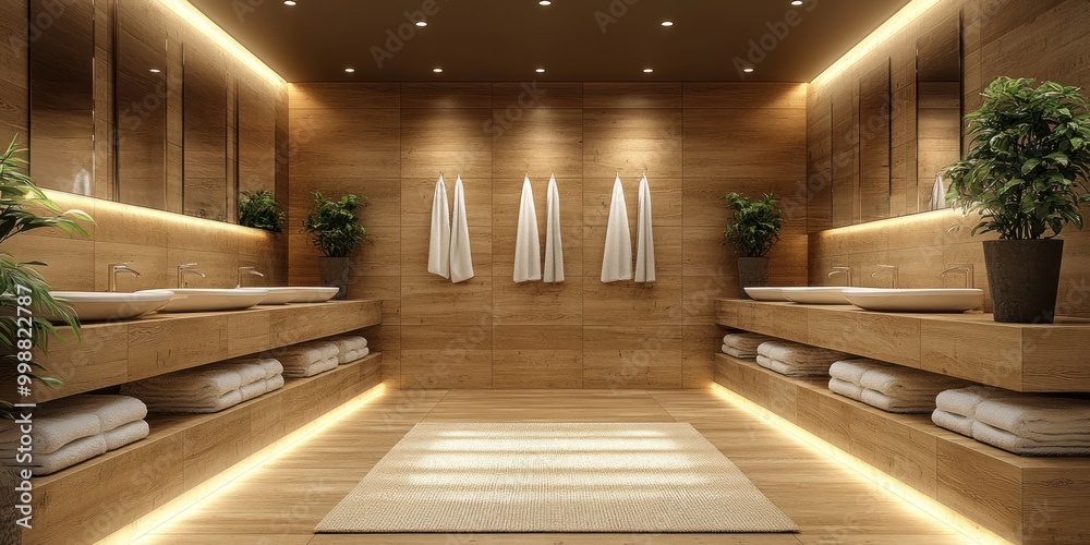 Luxurious golf locker room featuring wooden finishes, stylish amenities ...