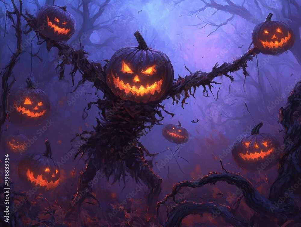 Creepy scarecrow-like figure with glowing pumpkin heads in a dark ...
