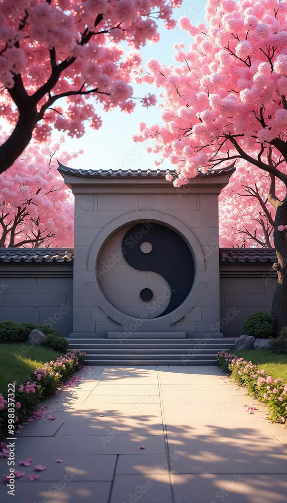 Zen Gateway: Serene architectural scene featuring a stone gateway with ...