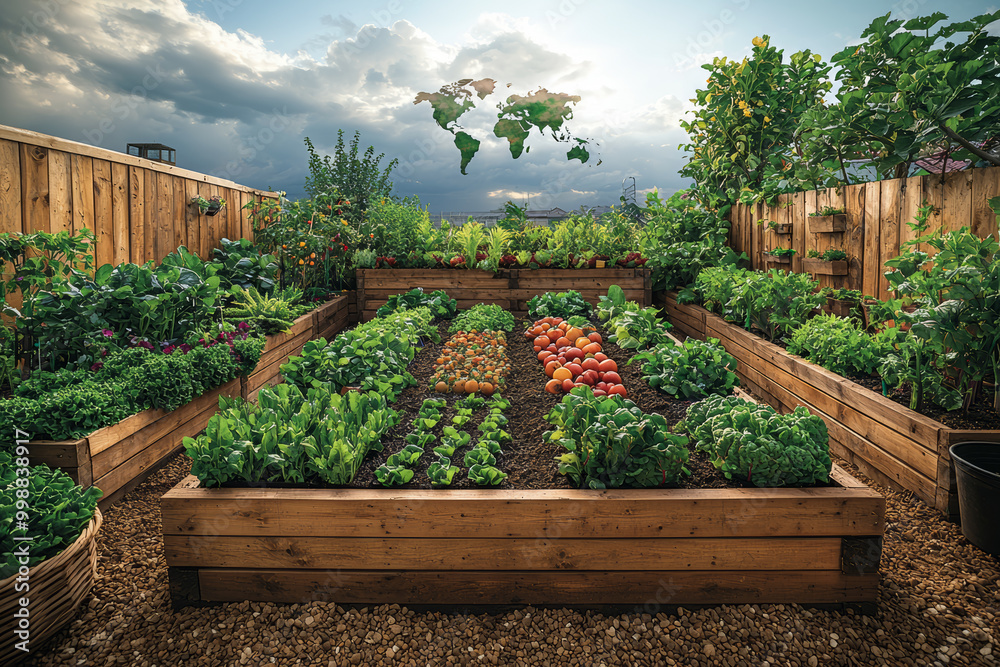 A backyard filled with vegetable gardens under a sky where a faint ...