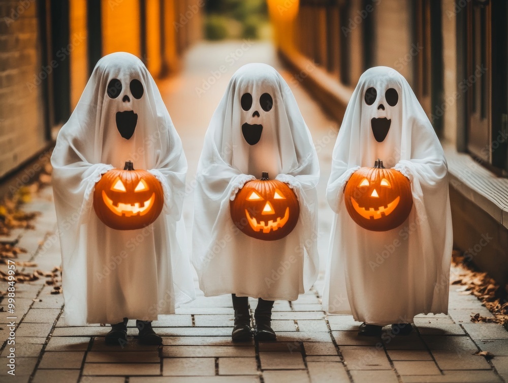 Three children dressed as ghosts holding glowing jack-o-lanterns ...