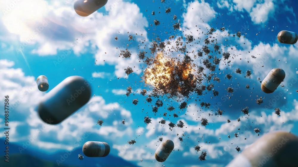 A striking visual of cluster bombs breaking apart mid-air, with ...