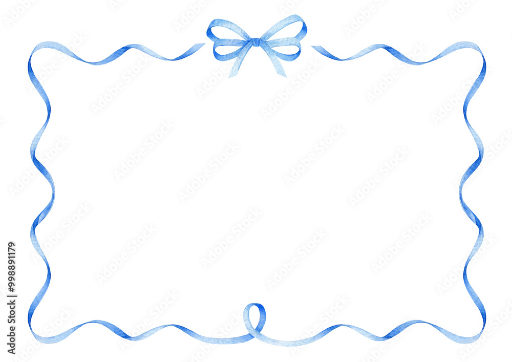 Blue ribbon bow frame, hand drawn watercolor illustration isolated on ...