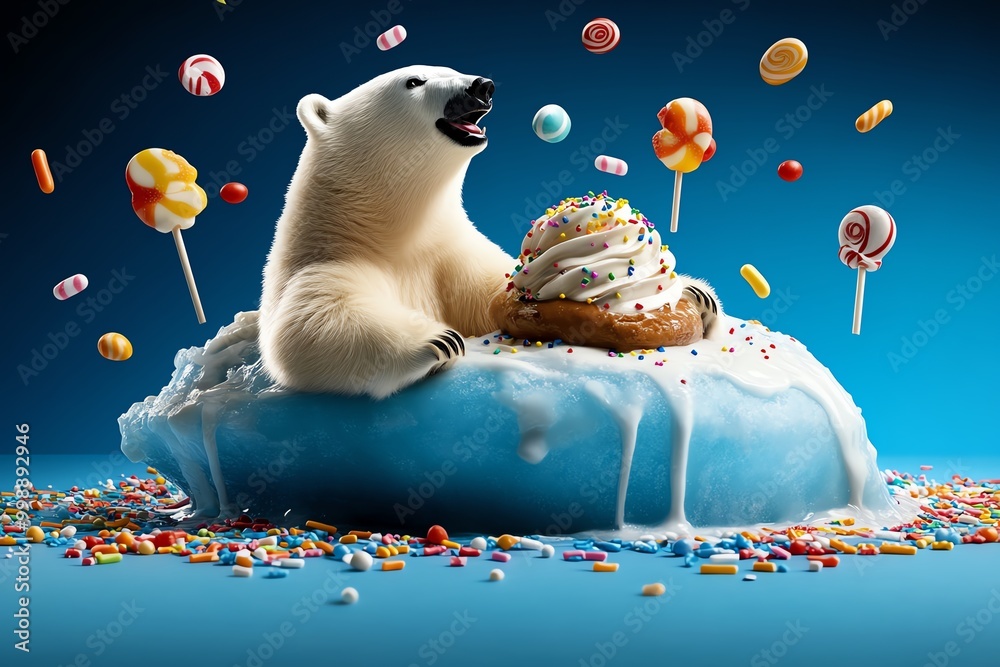 Generate a whimsical image of a polar bear sitting on an ice cream ...