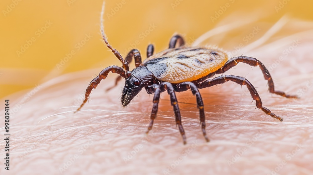 Infected female deer tick on hairy human skin. Ixodes ricinus ...