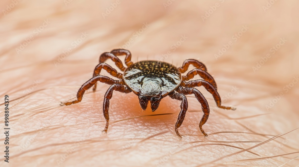 Infected female deer tick on hairy human skin. Ixodes ricinus ...
