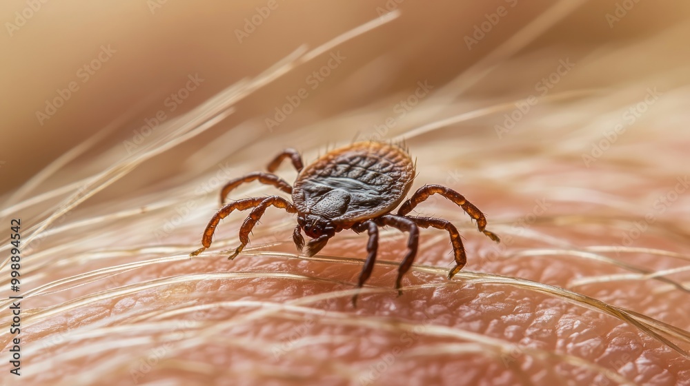 Infected female deer tick on hairy human skin. Ixodes ricinus ...