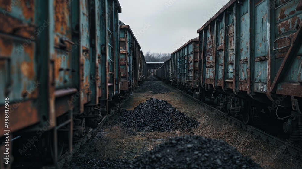 Weathered freight train cars loaded with coal stand idle, framing an ...