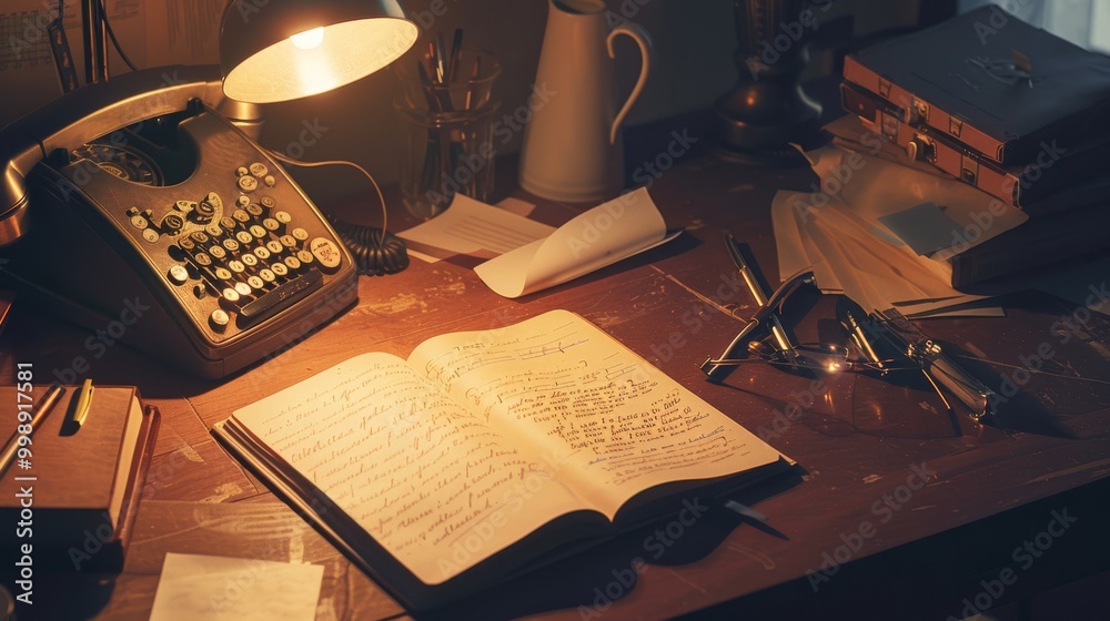 A dimly lit vintage desk featuring an open notebook with handwritten ...