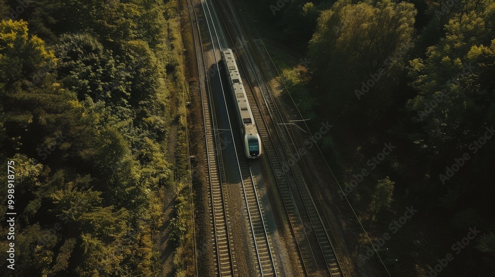 The overhead view of the train weaving through a forest under the soft ...