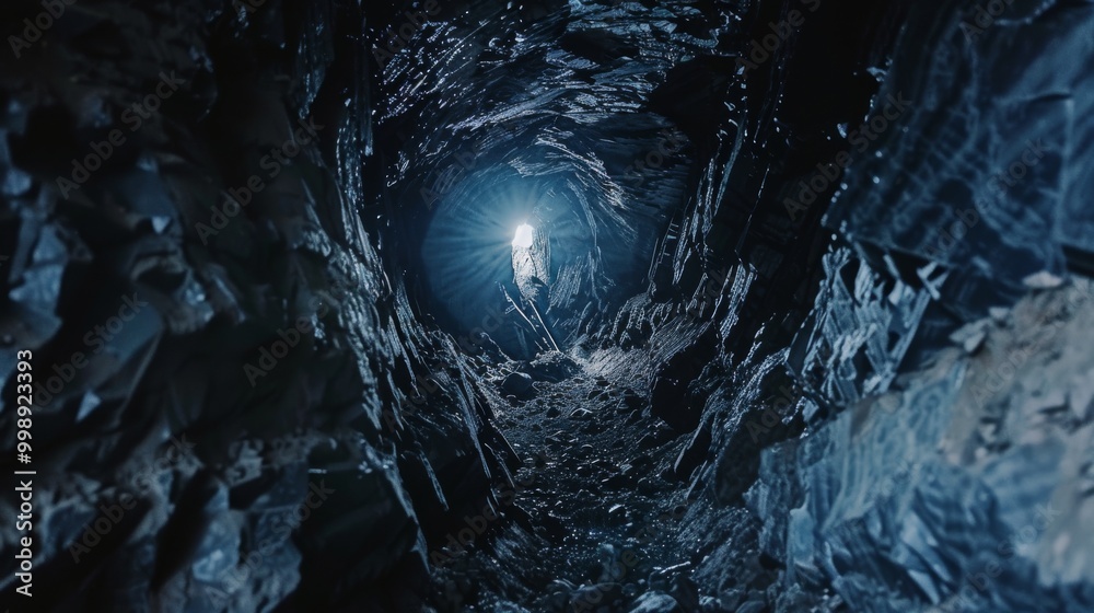 Deep inside a dark cave, light pierces through a small opening above ...