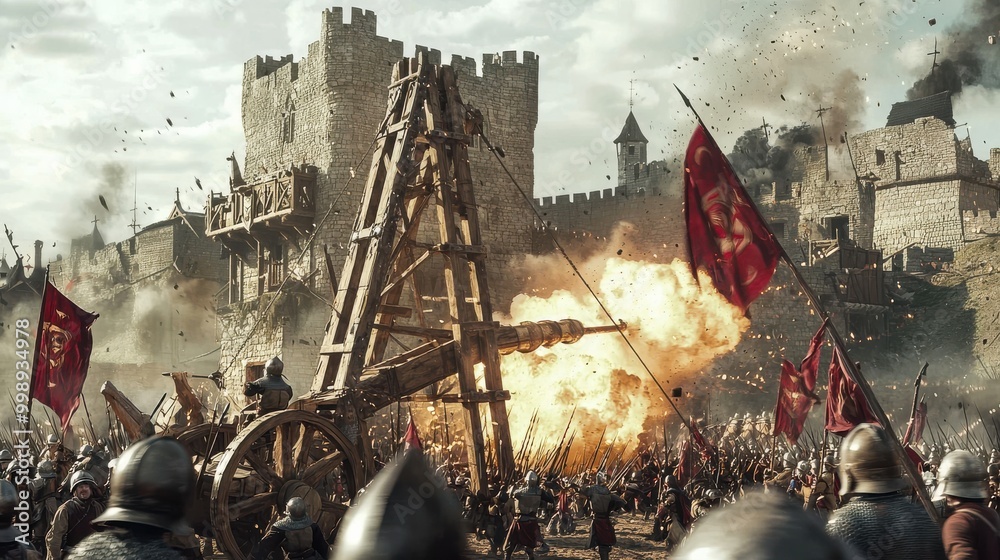 A dramatic medieval battle scene featuring trebuchets launching massive ...