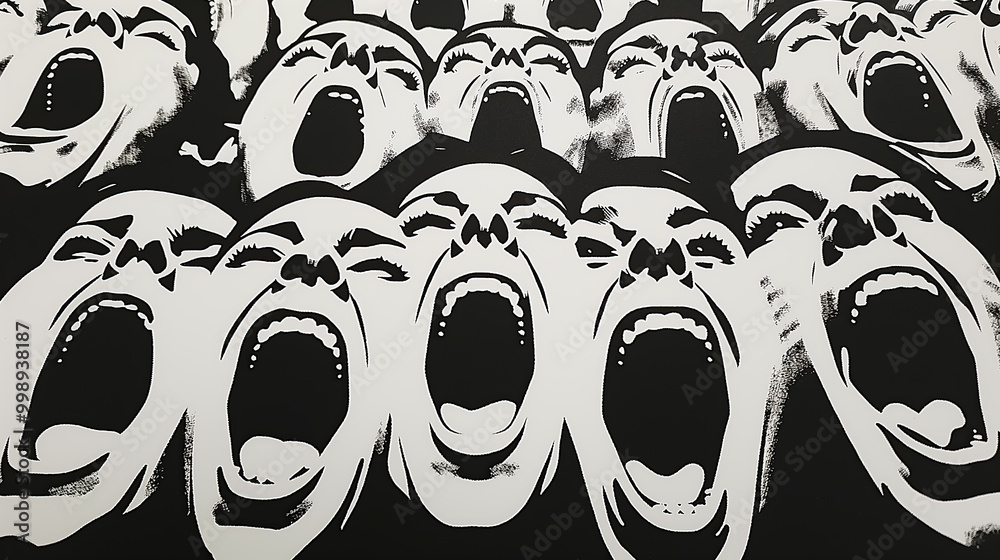 Black-and-white graphic of multiple faces with wide-open mouths ...