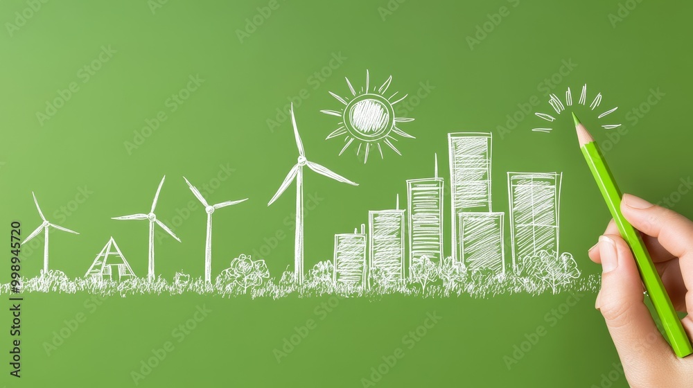 Green City Hand Drawing Windmills, Buildings, Sun and Trees on Green ...