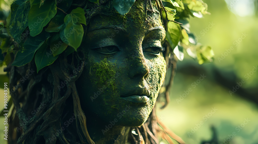 Laurel-covered statue of a woman covered with green moss, plant and ...