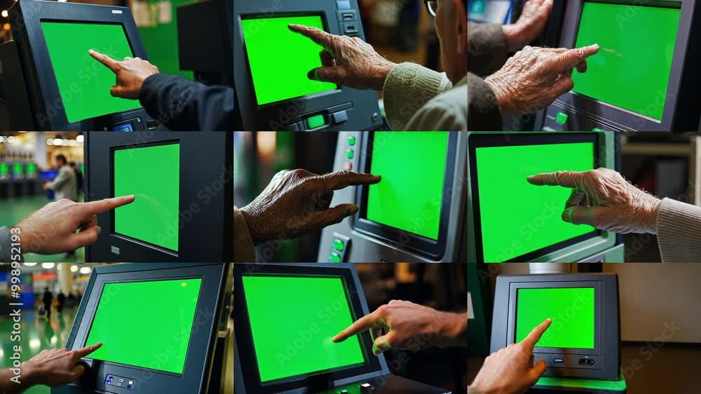 3x3 Collage grid of a diverse group of voters hands as they operate an ...