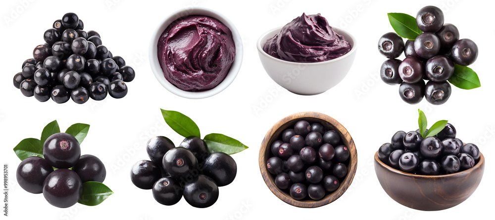 Acai Açaí berry berries fruit, many angles view top front heap pile ...