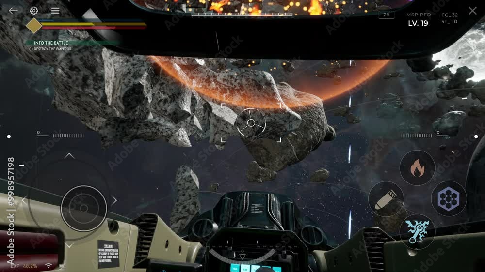 Spaceship shooting at the target in the battle among stars. Shooting ...