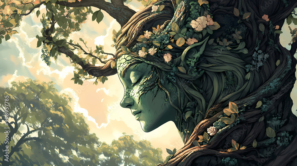 Majestic tree nymph intertwined with the branches of a giant oak. Nymph ...