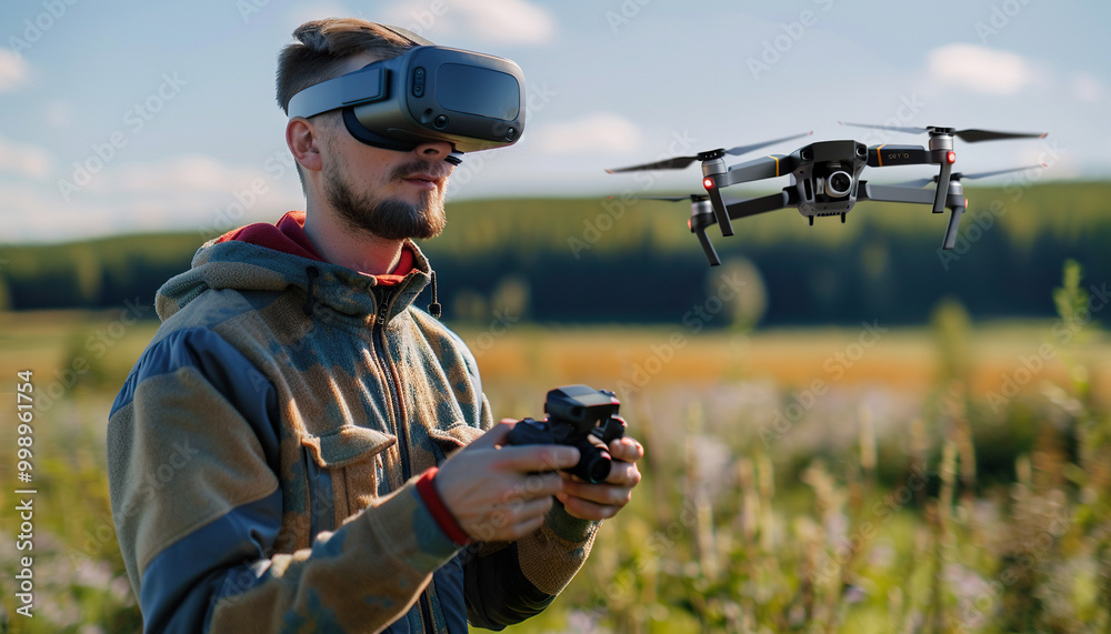 FPV drone pilot flying a commercial drone in a forest. Nature, modern ...