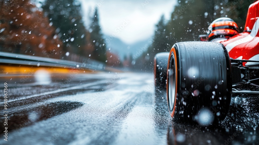 Formula 1 car driving fast on a rain-soaked track during a race evokes ...