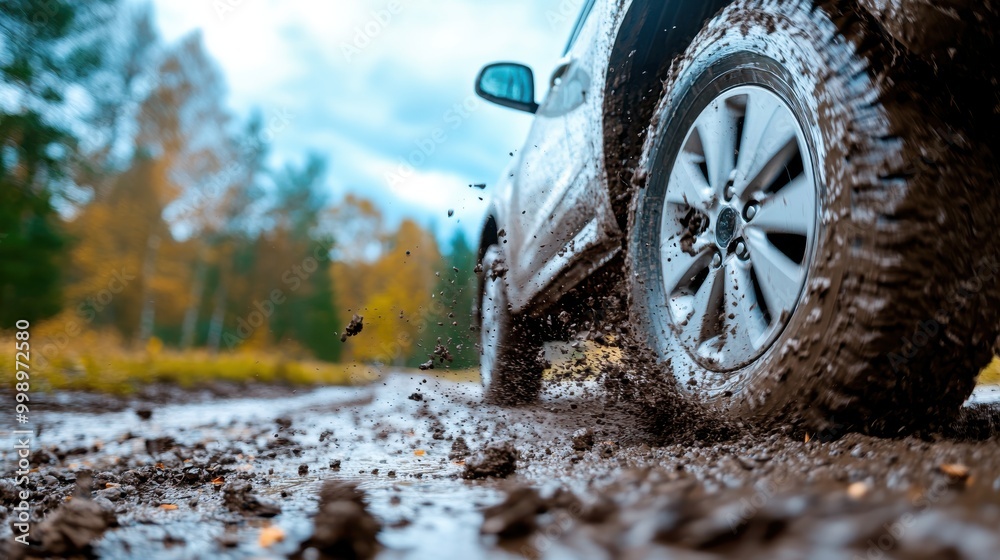 An SUV navigates a muddy path with dirt splashing up, highlighting the ...