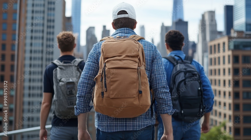 A group of three people with backpacks are seen from behind, standing ...