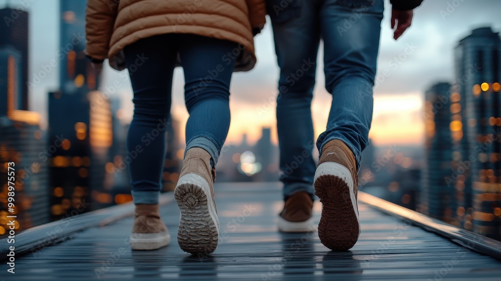 The photograph shows two people walking side by side on an elevated ...