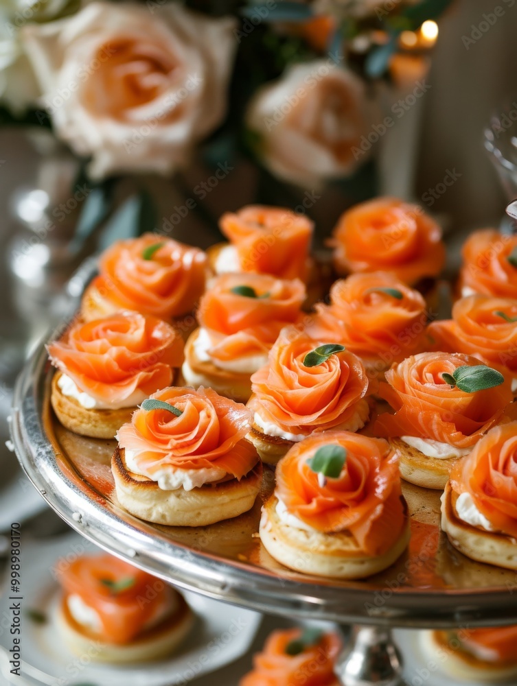 Smoked salmon roses on mini blinis with cream cheese on a serving ...