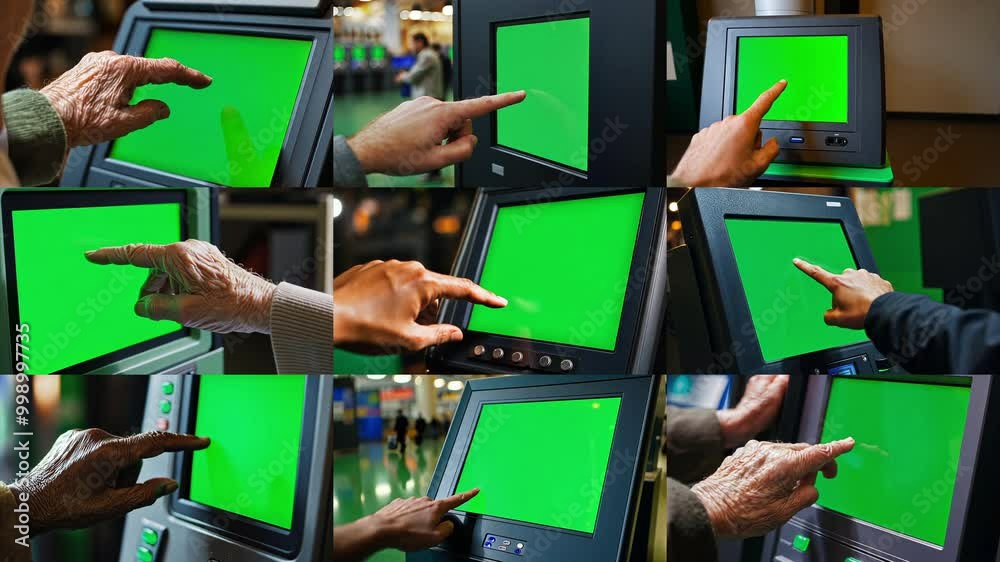 3x3 Collage grid of a diverse group of voters hands as they operate an ...