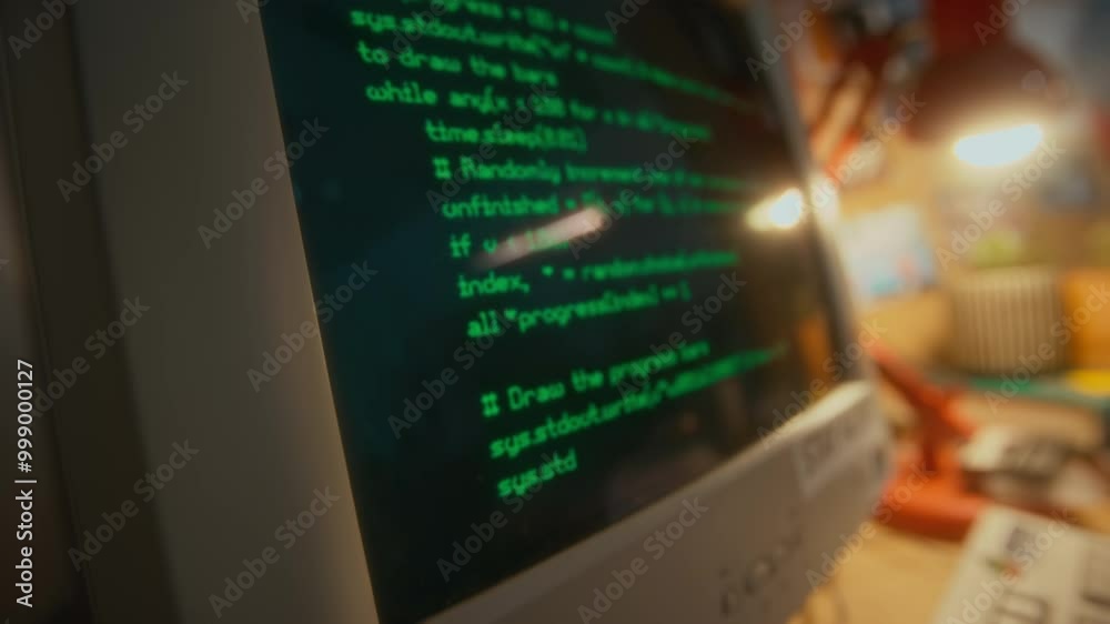 No people close-up of green programming code running autonomously on ...