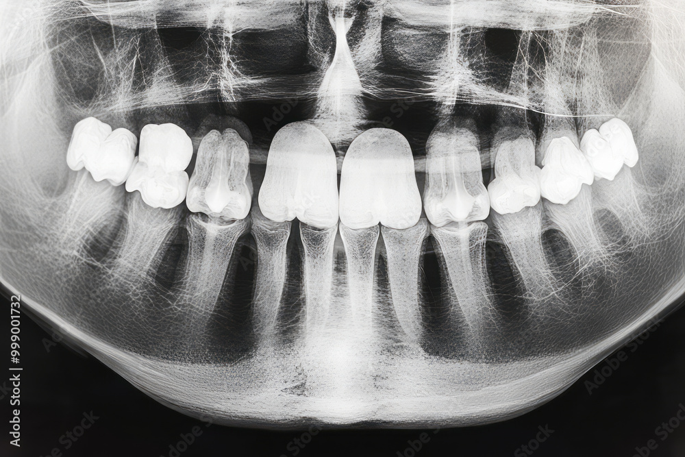 a dental X-ray showing the positioning of wisdom teeth in the jaw ...