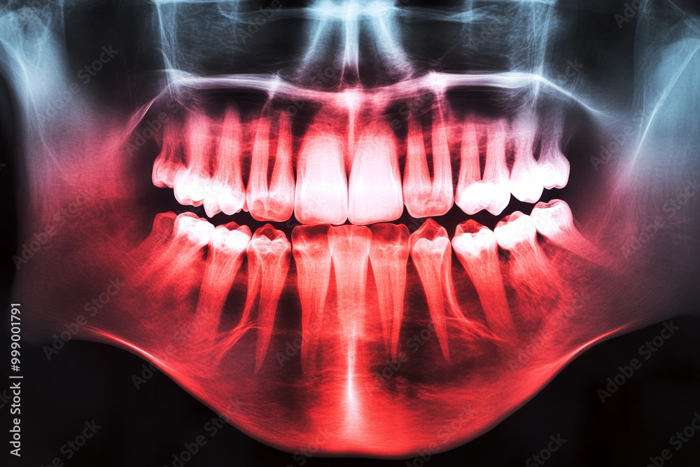 a dental X-ray showing the positioning of wisdom teeth in the jaw ...