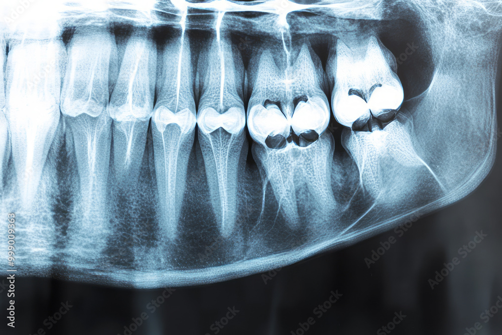 a dental X-ray showing the positioning of wisdom teeth in the jaw ...
