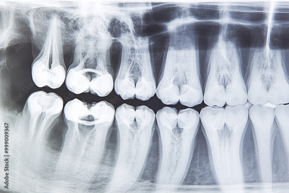 a dental X-ray showing the positioning of wisdom teeth in the jaw ...