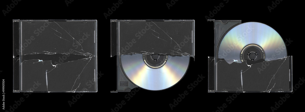 set of three cracked mockup of old music CD disc jewel case with black ...