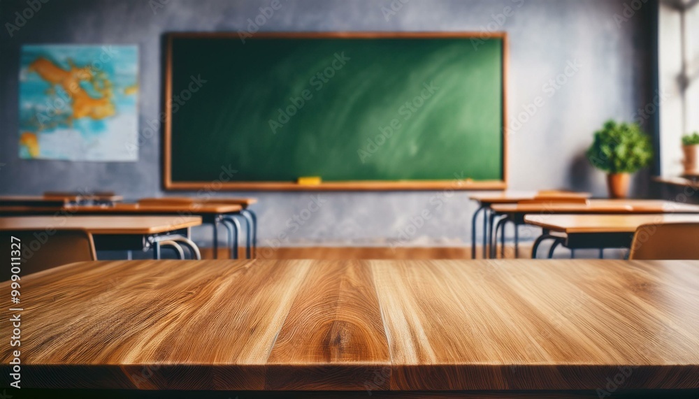 Wooden tabletop in a school classroom against a blackboard background ...