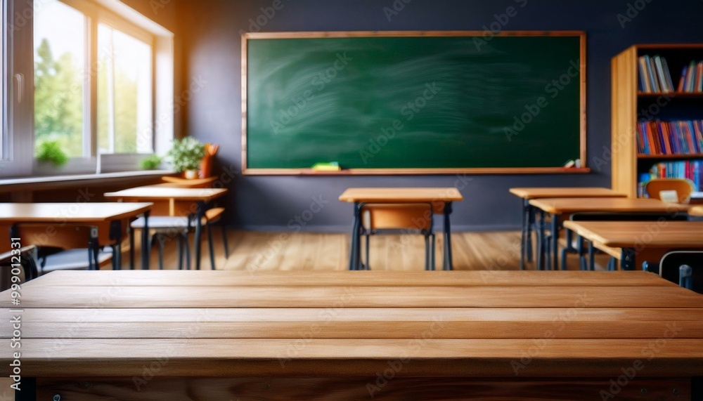 Wooden tabletop in a school classroom against a blackboard background ...