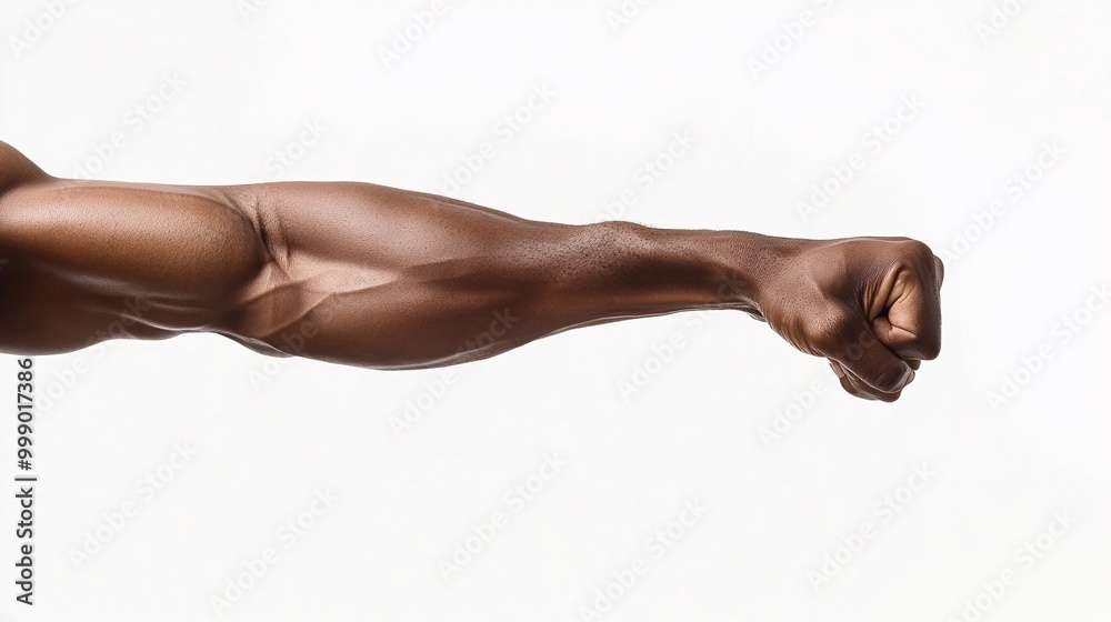 Muscular arm extended in a fist, symbolizing strength, power, and ...