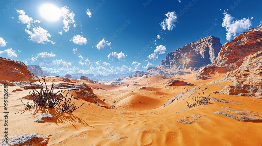 Alien Desert Landscape with Shifting Sand Dunes, Eerie Plants, and Deep ...