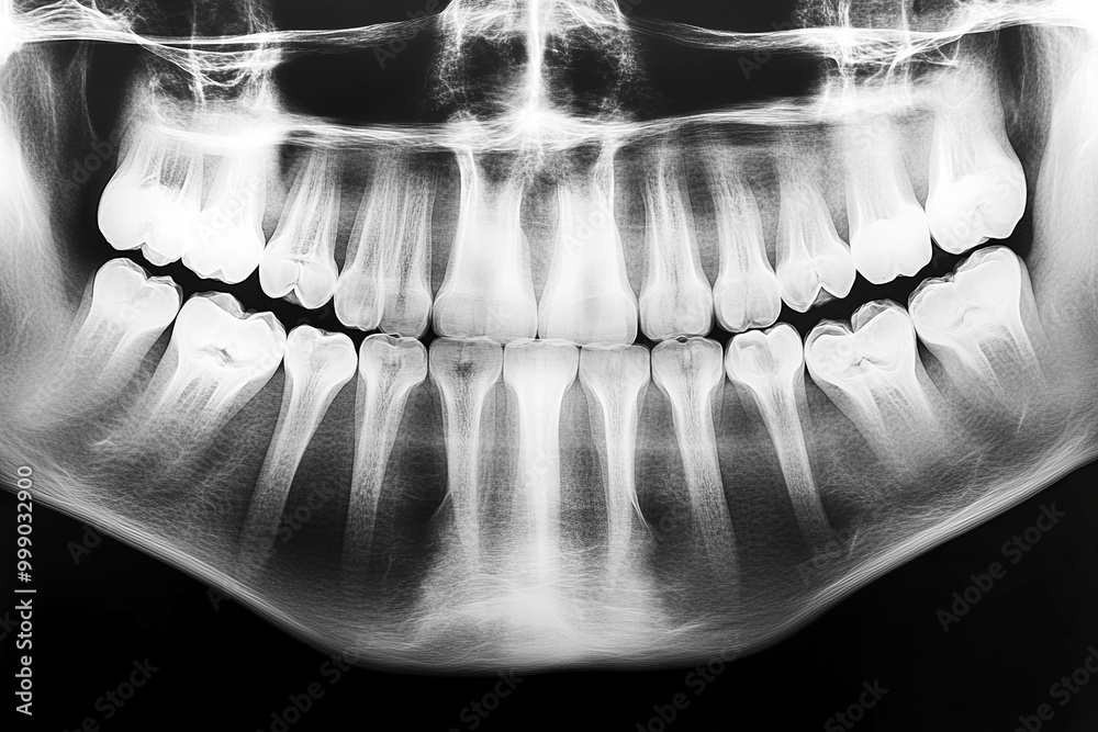 a dental X-ray showing the positioning of wisdom teeth in the jaw ...
